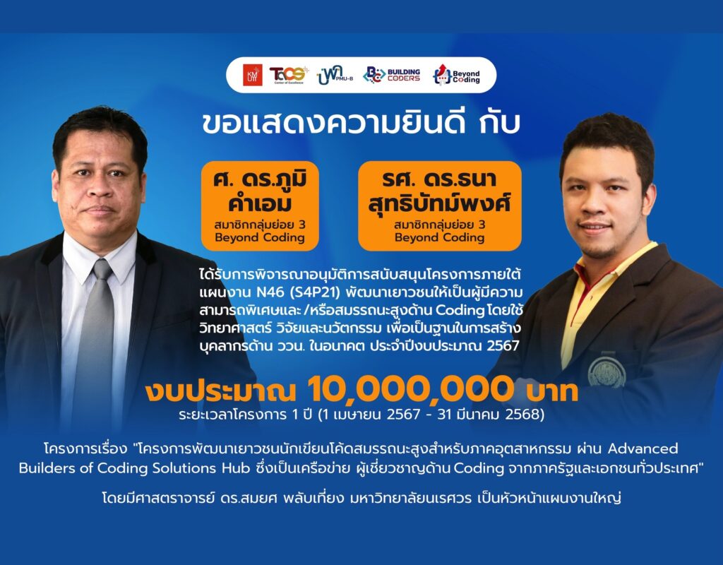 สมาชิกนักวิจัย Tacs Center of Excellence นำโดย ศ.ดร.ภูมิ คำเอม และ รศ. ...